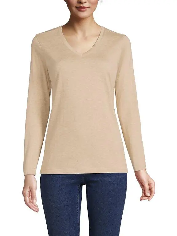 LANDS' END Relaxed Supima Cotton Long Sleeve V-neck T-shirt - French Pecan Heather