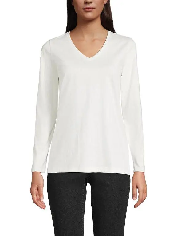 LANDS' END Relaxed Supima Cotton Long Sleeve V-neck T-shirt - Ivory