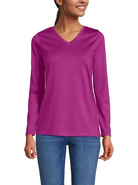 LANDS' END Relaxed Supima Cotton Long Sleeve V-neck T-shirt - Light Raspberry Sorbet