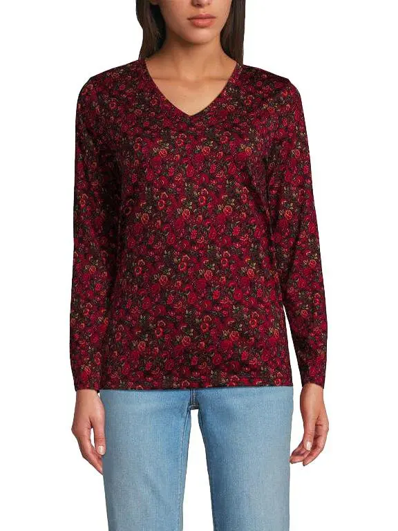 LANDS' END Supima Cotton Long-sleeve V-neck T-shirt - Lush Burgundy/red Flowers
