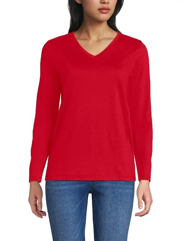 LANDS' END Supima Cotton Long-sleeve V-neck T-shirt - Lush Burgundy/red Flowers
