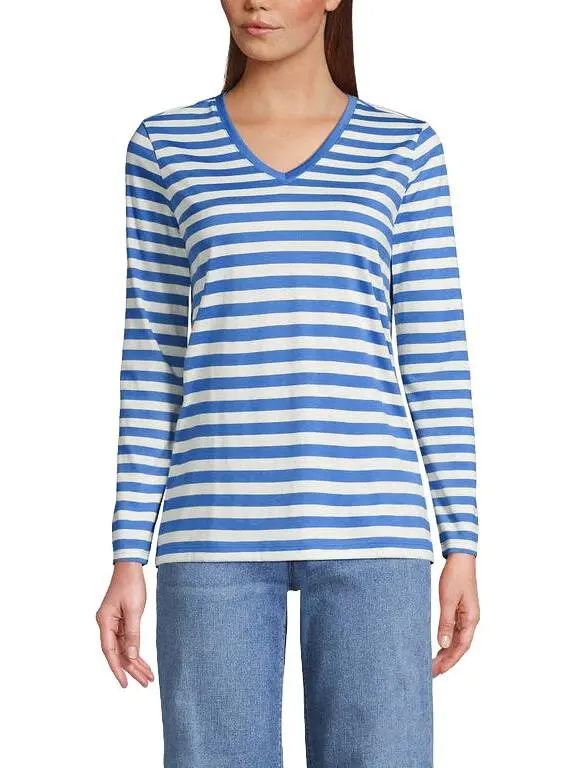 LANDS' END Relaxed Supima Cotton Long Sleeve V-neck T-shirt - Muted Cobalt Even Stripe