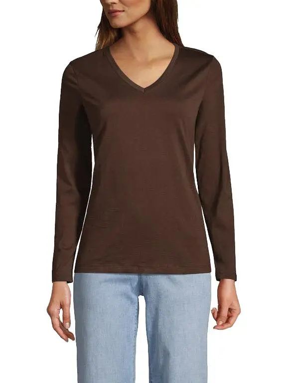 LANDS' END Relaxed Supima Cotton Long Sleeve V-neck T-shirt - Rich Coffee