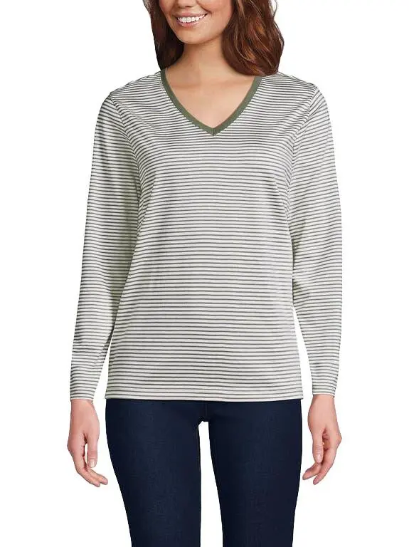 LANDS' END Supima Cotton Long-sleeve V-neck T-shirt - Sage Micro Stripe