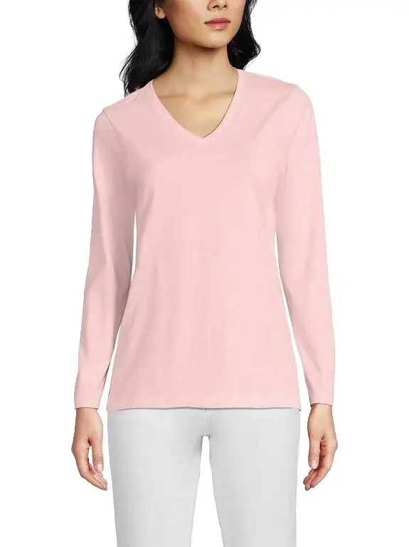 LANDS' END Relaxed Supima Cotton Long Sleeve V-neck T-shirt - Sea Salt Pink