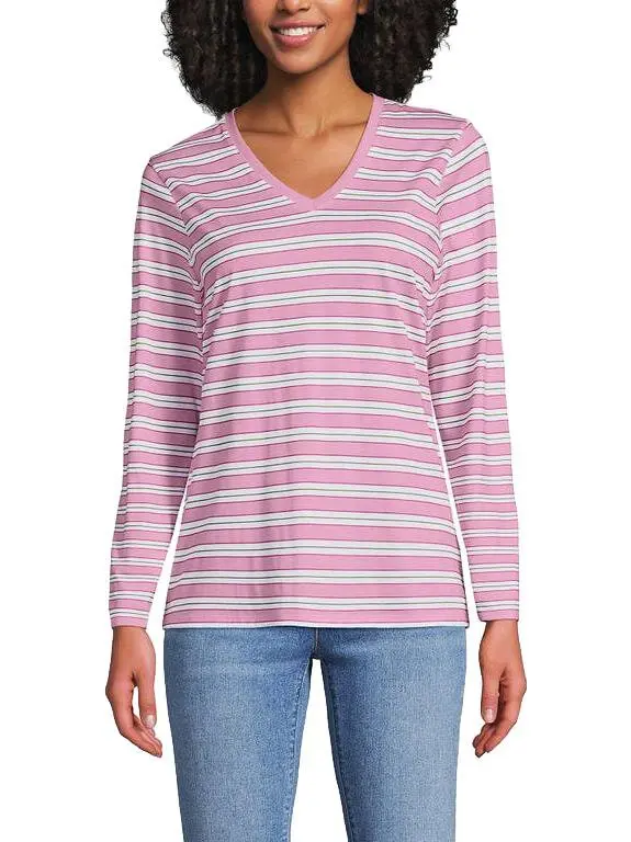 LANDS' END Relaxed Supima Cotton Long Sleeve V-neck T-shirt - Seaside Pink Multi Stripe