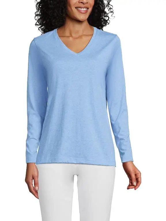 LANDS' END Relaxed Supima Cotton Long Sleeve V-neck T-shirt - Soft True Blue Heather