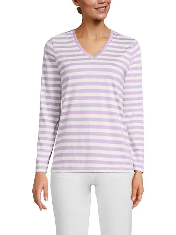 LANDS' END Relaxed Supima Cotton Long Sleeve V-neck T-shirt - Whisper Lilac Even Stripe