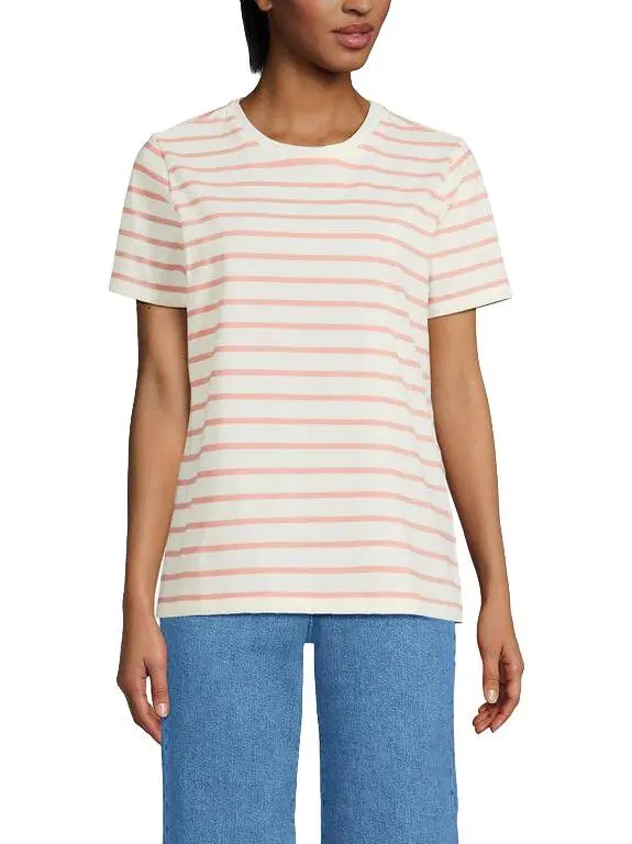 LANDS' END Supima Cotton Crewneck T-shirt - Ivory/peach Breton Stripe