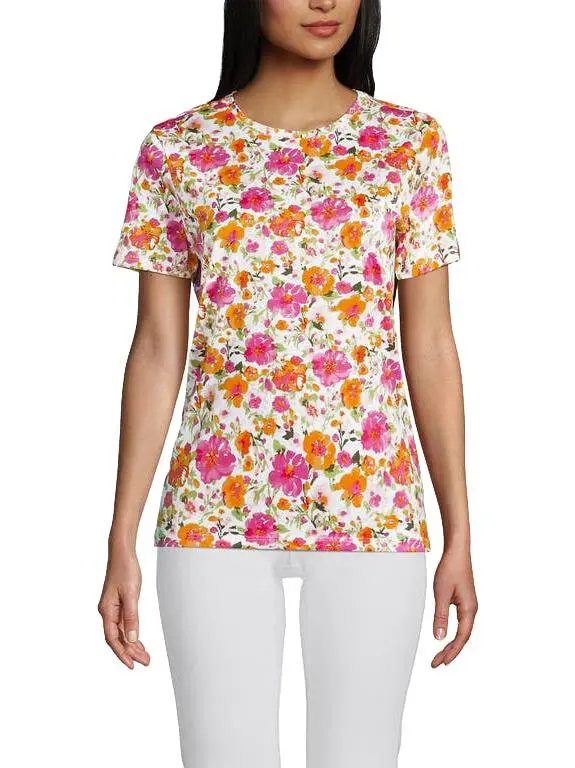 LANDS' END Supima Cotton Crewneck T-shirt - White Multi Painted Blooms