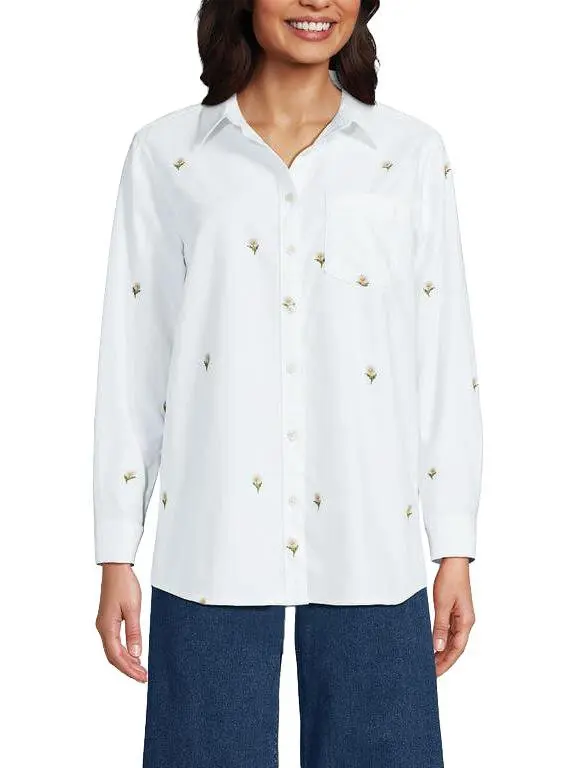 LANDS' END Oxford Shirt - White Daisy Embroidery