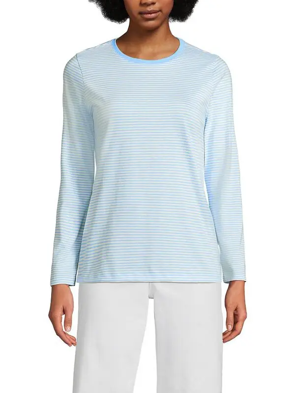 LANDS' END Relaxed Supima Cotton Long Sleeve Crew Neck T-shirt - Bermuda Blue Micro Stripe