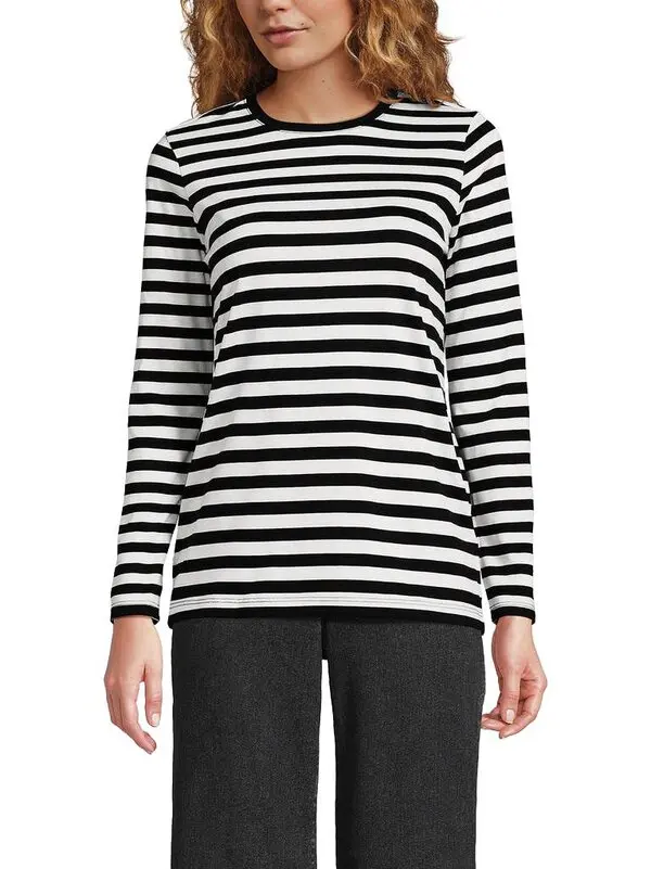 LANDS' END Relaxed Supima Cotton Long Sleeve Crew Neck T-shirt - Black Even Stripe