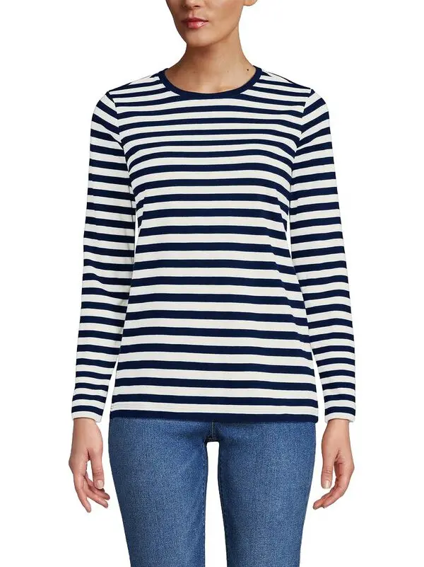 LANDS' END Relaxed Supima Cotton Long Sleeve Crew Neck T-shirt - Deep Sea Navy Even Stripe