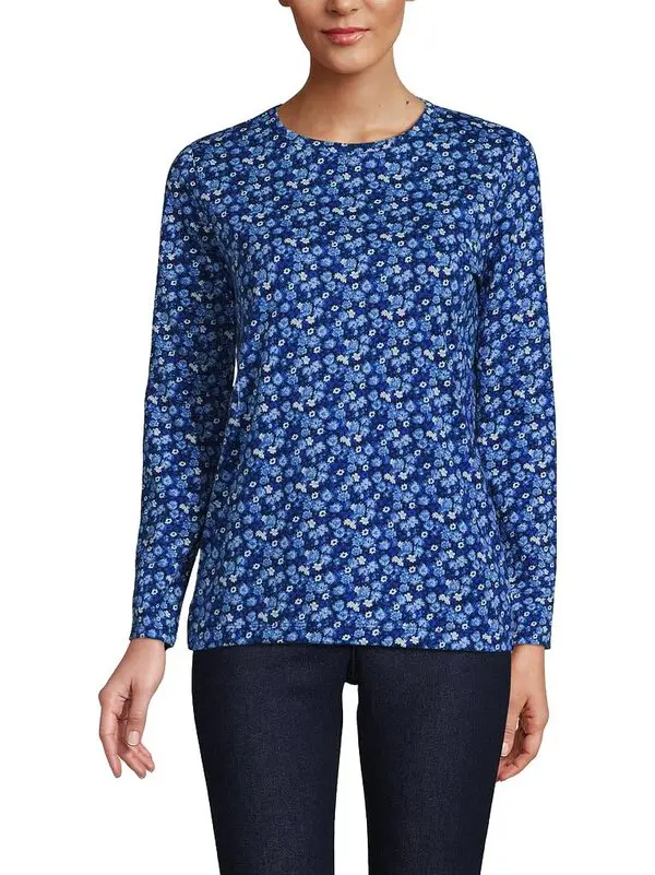 LANDS' END Relaxed Supima Cotton Long Sleeve Crew Neck T-shirt - Deep Sea/blue Ditsy Floral