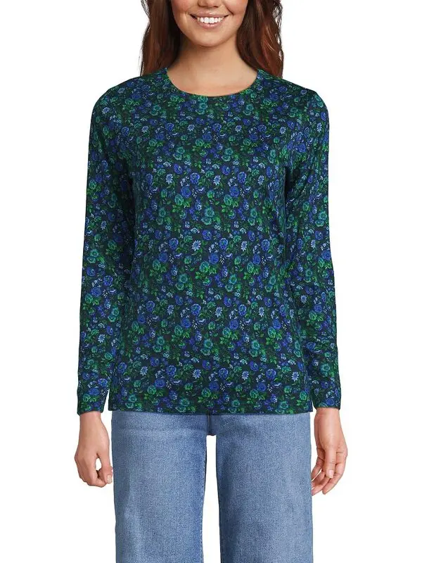 LANDS' END Relaxed Supima Cotton Long Sleeve Crew Neck T-shirt - Deep Sea/vibrant Lapis Flowers