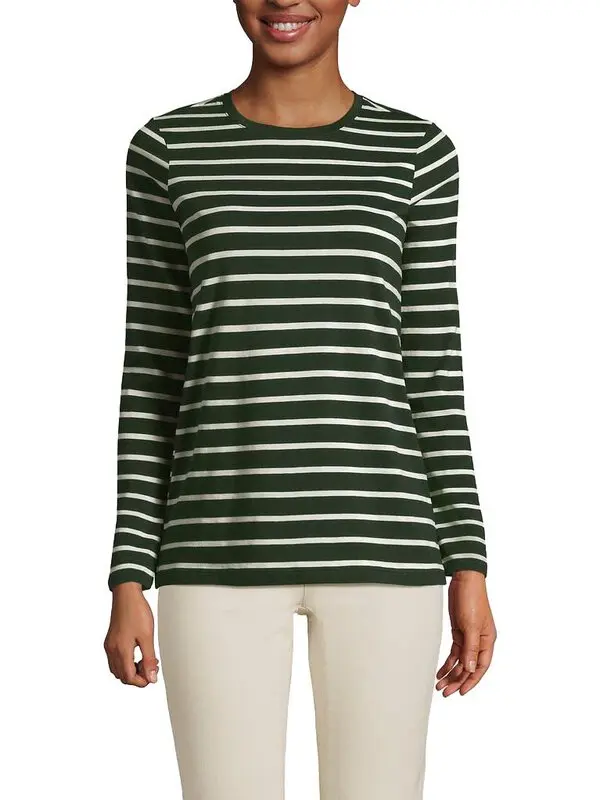 LANDS' END Supima Cotton Long Sleeve Crewneck T-shirt - Fresh Evergreen Breton Stripe