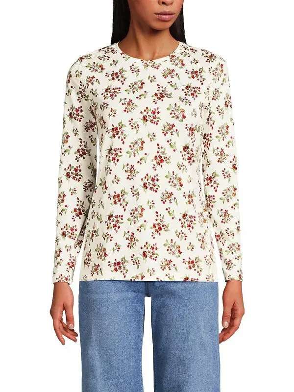 LANDS' END Relaxed Supima Cotton Long Sleeve Crew Neck T-shirt - Ivory Meadow Floral