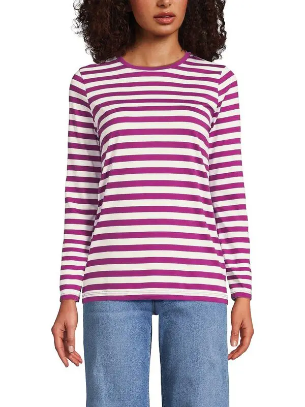 LANDS' END Relaxed Supima Cotton Long Sleeve Crew Neck T-shirt - Light Raspberry Even Stripe