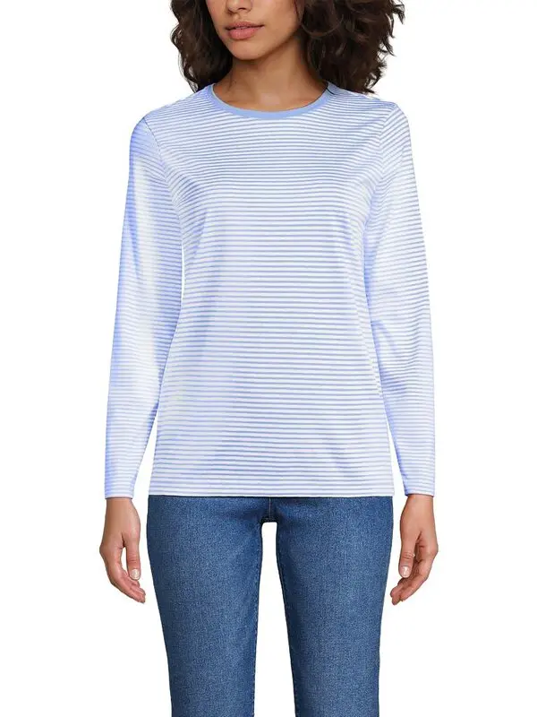 LANDS' END Relaxed Supima Cotton Long Sleeve Crew Neck T-shirt - Light Sea Blue Micro Stripe