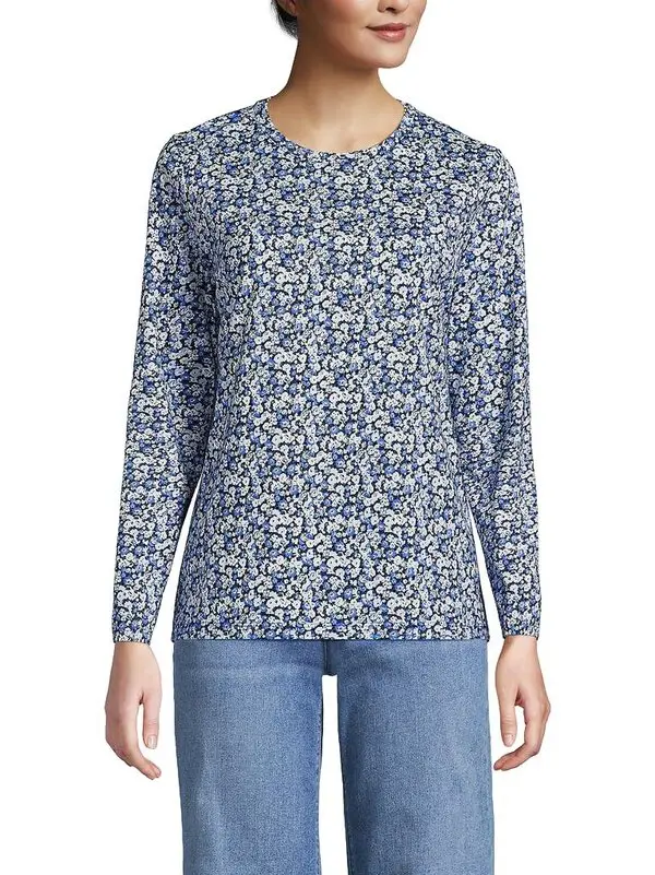 LANDS' END Relaxed Supima Cotton Long Sleeve Crew Neck T-shirt - Navy/clear Blue Ditsy Floral