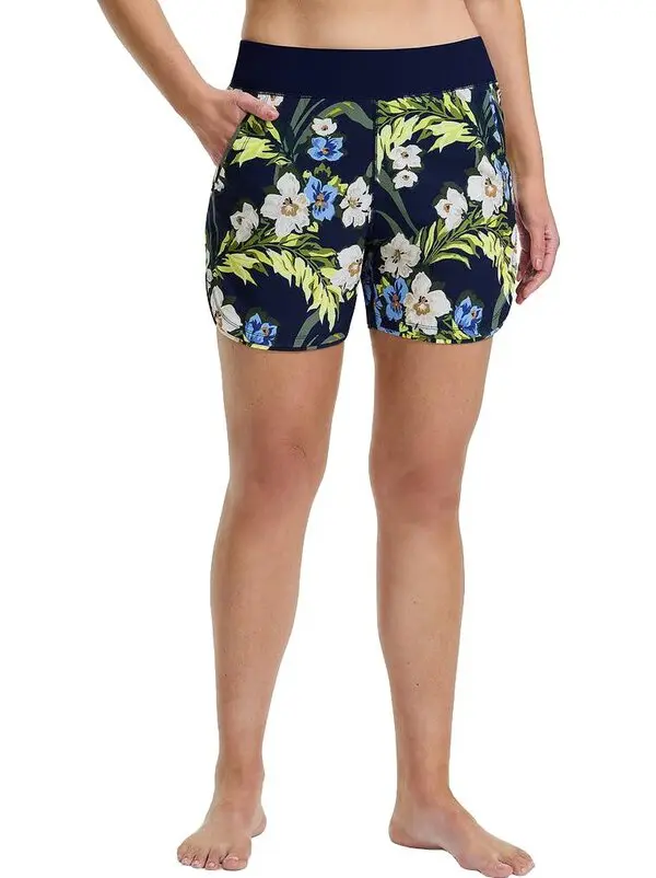 LANDS' END 5" Quick Dry Board Shorts - Deep Sea/blue Floral Tropic