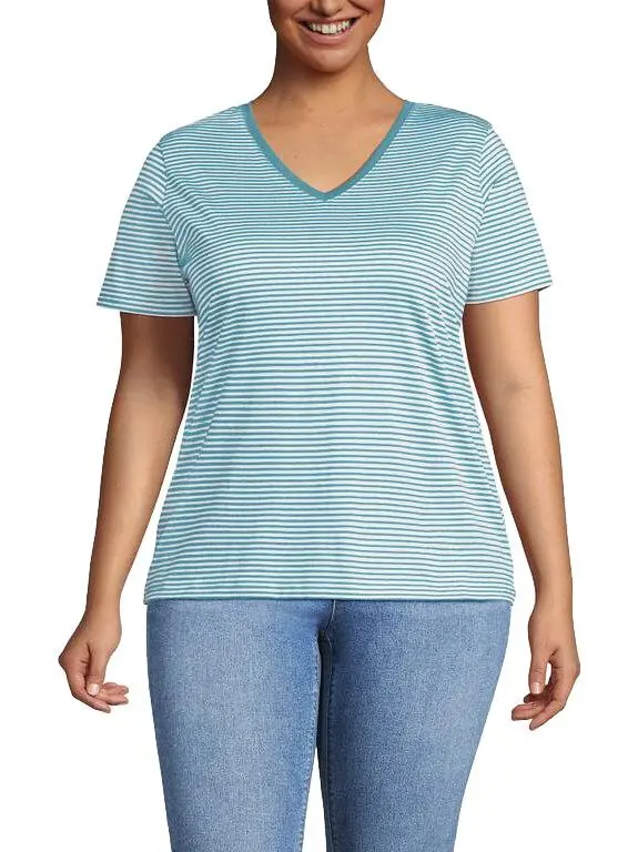 LANDS' END Supima Cotton V-neck T-shirt - Bright Aqua Micro Stripe