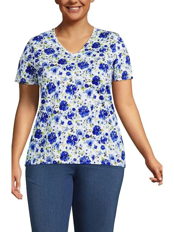 LANDS' END Relaxed Supima Cotton V-neck T-shirt - Clear Blue Painted Blooms