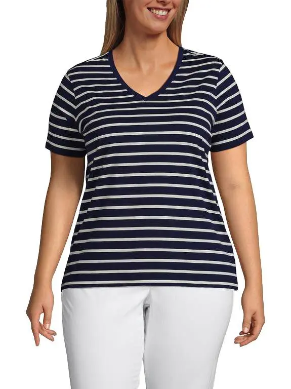 LANDS' END Relaxed Supima Cotton V-neck T-shirt - Deep Sea Navy Breton Stripe