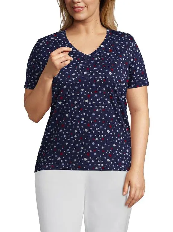 LANDS' END Relaxed Supima Cotton V-neck T-shirt - Deep Sea Navy Stars
