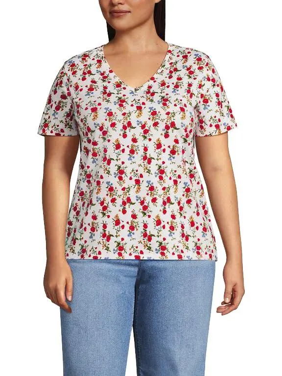 LANDS' END Relaxed Supima Cotton V-neck T-shirt - Ivory Mini Poppy Floral