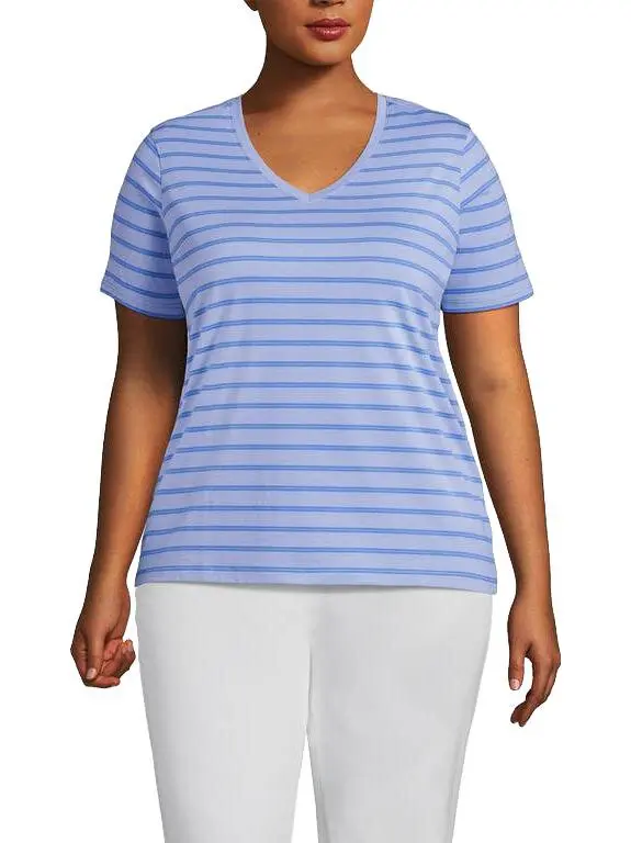 LANDS' END Supima Cotton V-neck T-shirt - Light Cornflower Dual Stripe