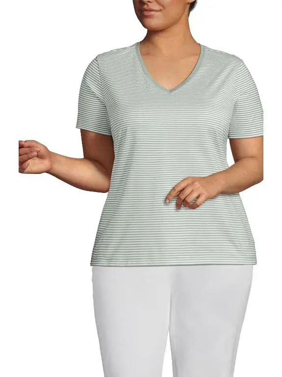 LANDS' END Supima Cotton V-neck T-shirt - Lily Pad Green Micro Stripe