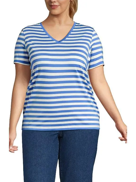 LANDS' END Supima Cotton V-neck T-shirt - Muted Cobalt Even Stripe