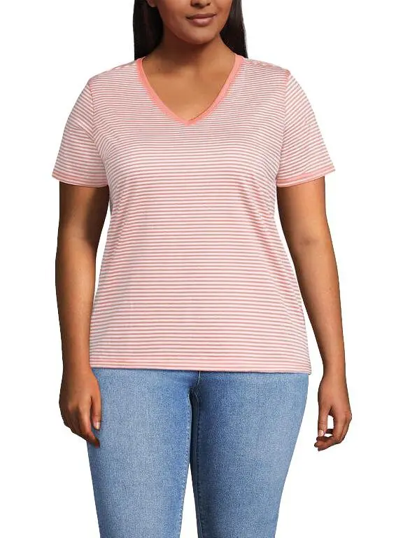 LANDS' END Supima Cotton V-neck T-shirt - Sunset Coral Pink Micro Stripe