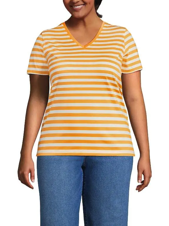 LANDS' END Supima Cotton V-neck T-shirt - Sweet Mango Even Stripe