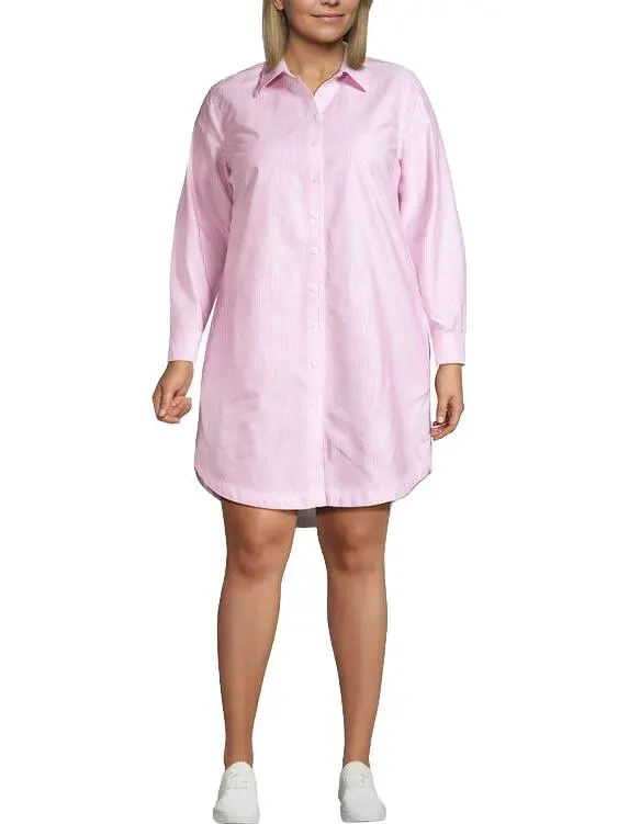 LANDS' END Lightweight Denim Long-sleeve Shirt Dress - Pink/white Stripe