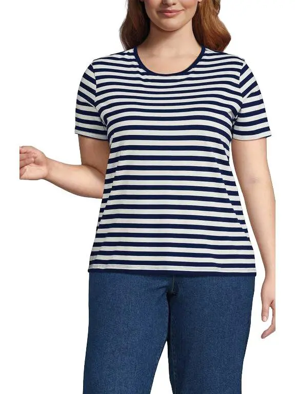 LANDS' END Supima Cotton Crewneck T-shirt - Deep Sea Navy Even Stripe