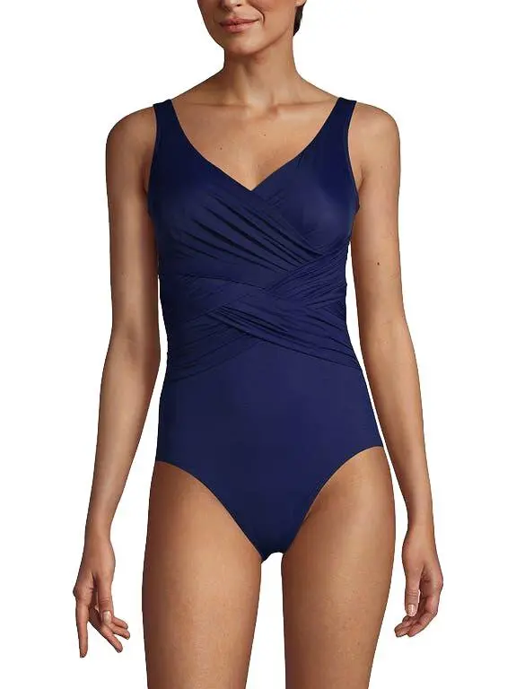 LANDS' END Slendersuit Wrap One-piece Swimsuit - Deep Sea Navy