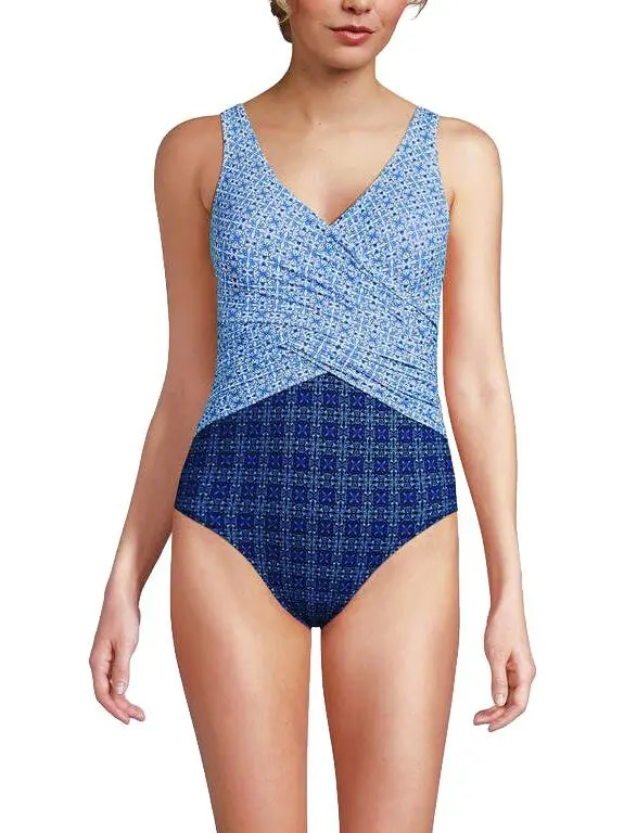 LANDS' END Slendersuit Wrap One Piece Swimsuit - Navy/white Mosaic Mini Tile