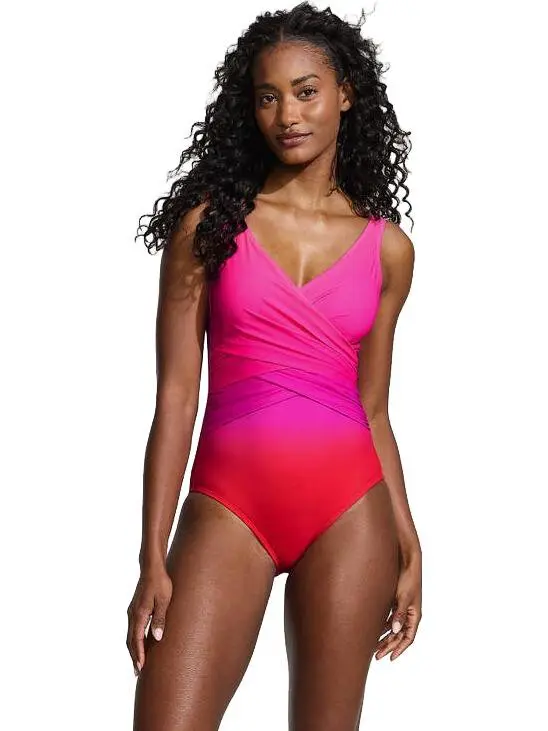LANDS' END Slendersuit Wrap One-piece Swimsuit - Pink Multi Ombre