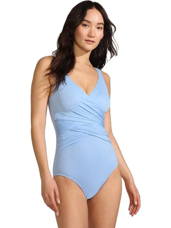 LANDS' END Slendersuit Wrap One-piece Swimsuit - Soft Cloud Blue Shine