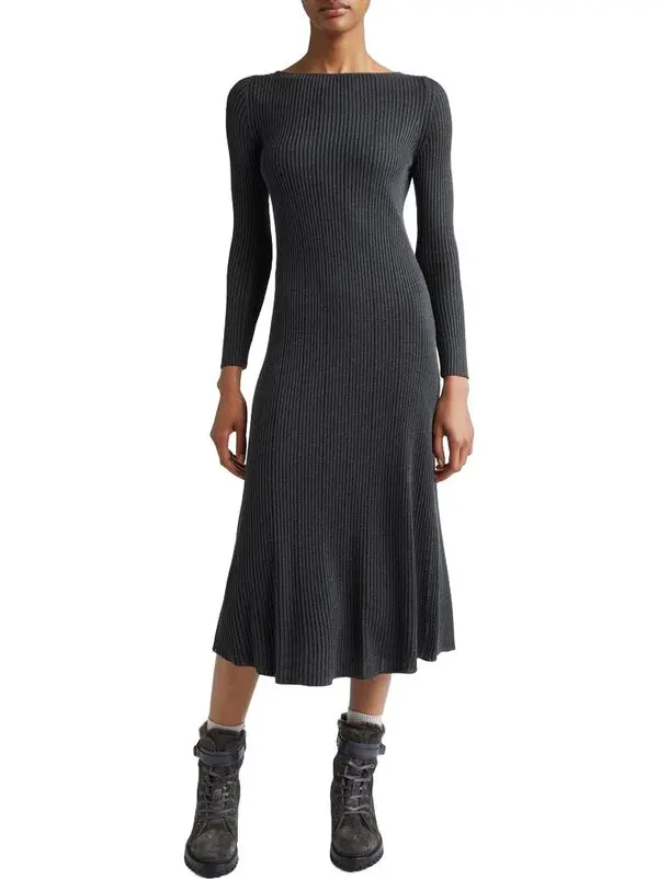 Eleventy Ribbed Long Sleeve Silk Blend Sweater Dress - Carbon