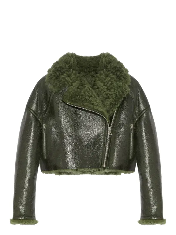 YVES SALOMON Patent-merino Cropped Biker Jacket - Green