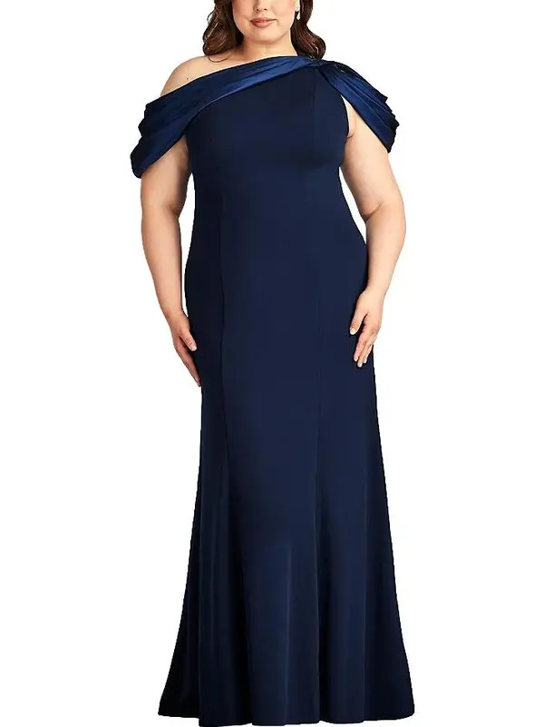 Tadashi Shoji Plus Carlene Shoulder Drape Gown - Navy