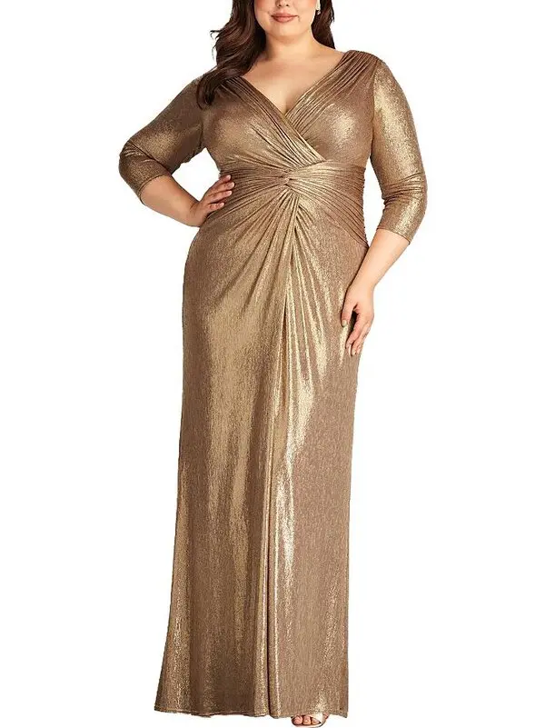 Tadashi Shoji Metallic Twist Draped Gown - Gold-tone