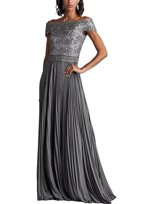 Tadashi Shoji Bode Sequin Embroidered Lace And Tulle Gown - Grey