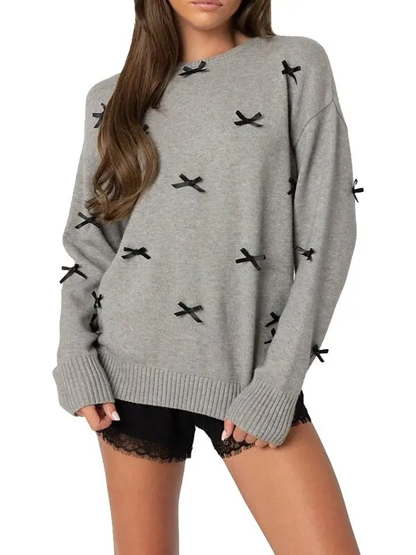 EDIKTED Satin Bow Oversized Sweater - Gray Melange