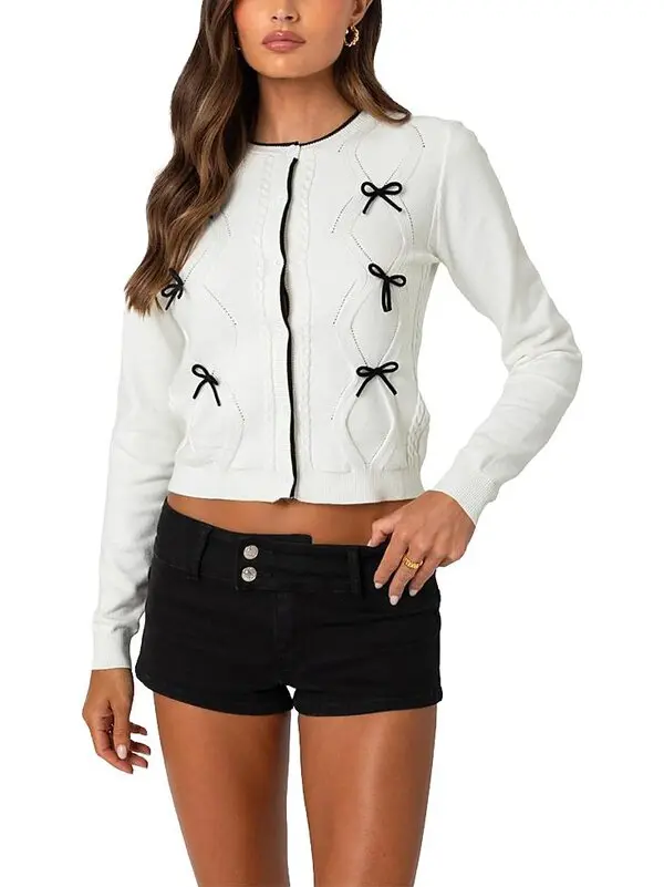 EDIKTED Contrast Bow Knit Cardigan - Cream