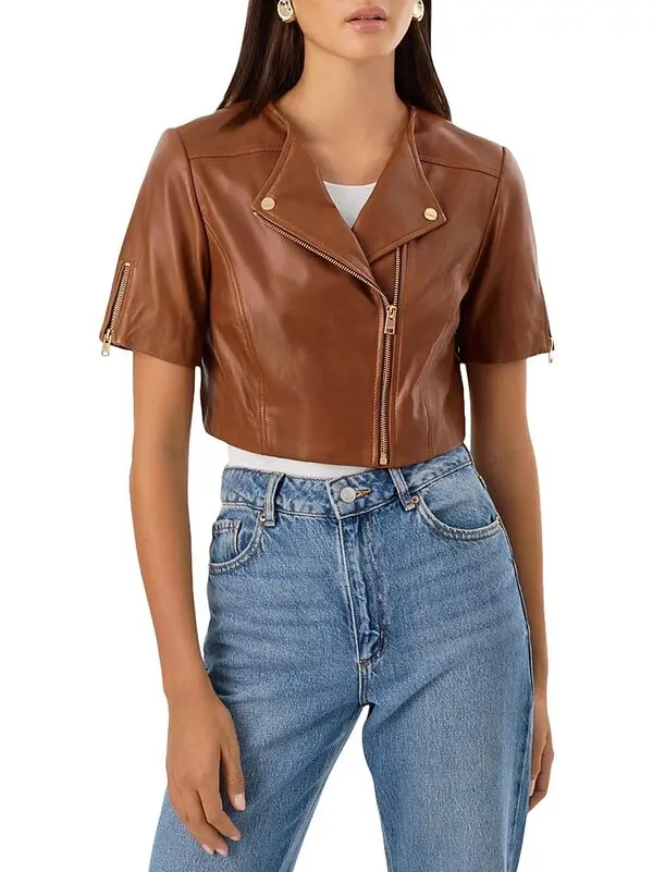 LAMARQUE Kirsi 21 Leather Cropped Jacket - Luggage
